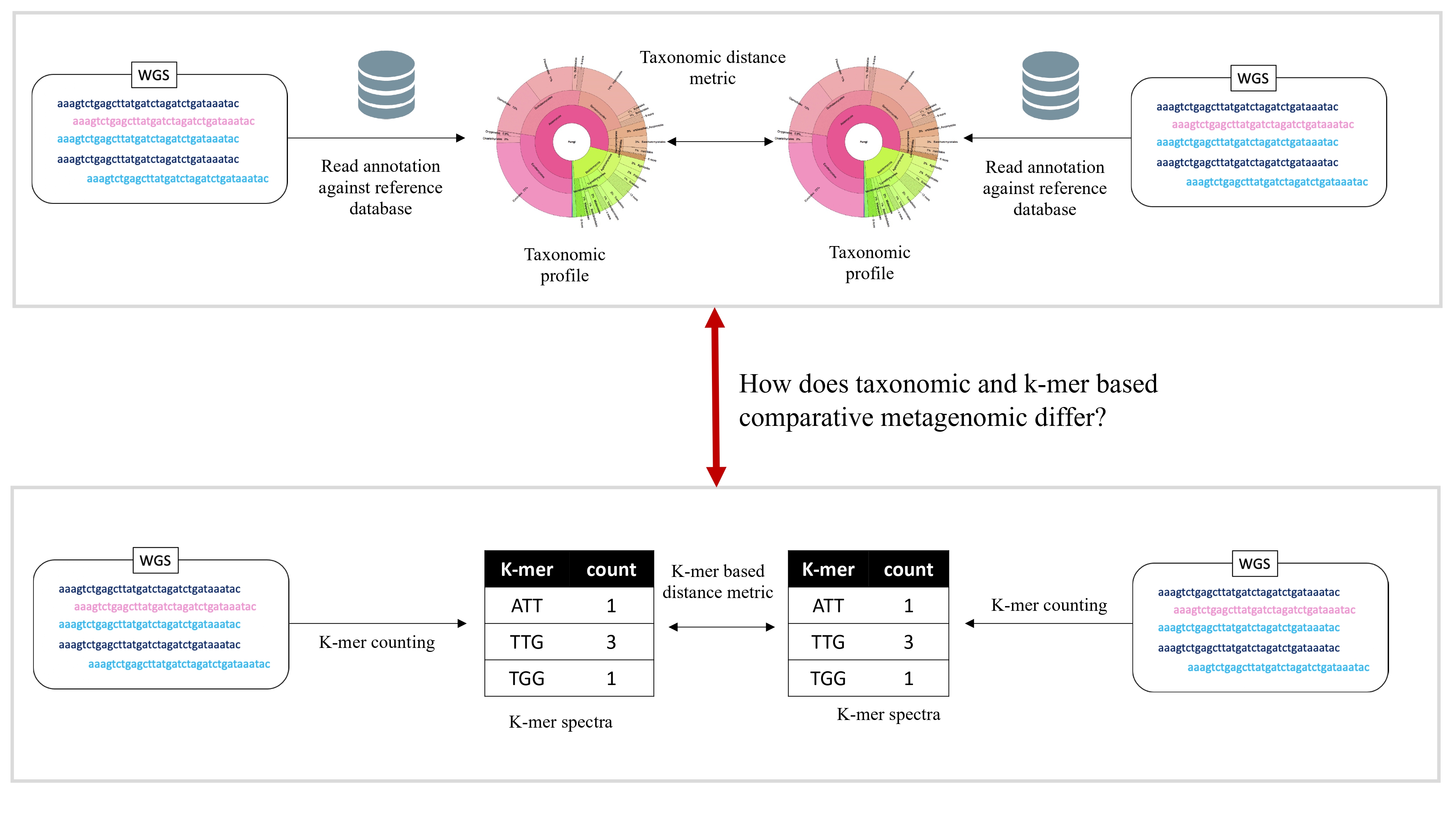 Comparison of k-mer-based de novo comparative metagenomic tools and approaches